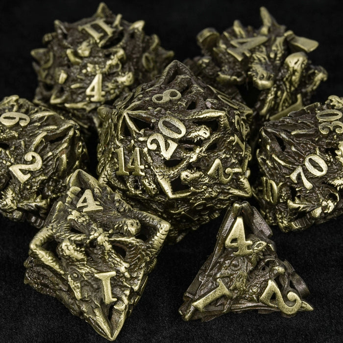 Irregular bronze hollow DND dice set - Dragon head design | Bear Dice
